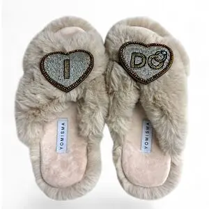 YOMISMA Neutrals Eco Faux Fur Slippers – Recycled Faux Fur + "i Do" Wedding Removable Hand Beaded Brooches - Beige