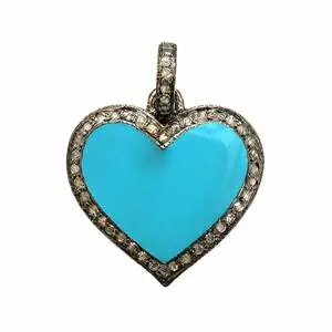 HEATHER HAWKINS Poker Face Enamel Diamond Heart Oxidized Sterling Silver Pendant Charm Turquoise - Blue