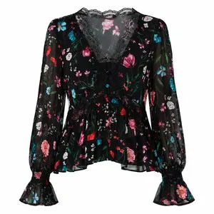ROSE & NANCY Juliette Floral Lace Trim Blouse - Black