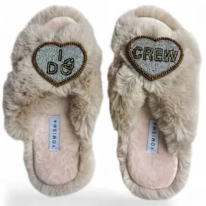 YOMISMA Neutrals Eco Faux Fur Slippers – Recycled Faux Fur + "i Do Crew" Wedding Removable Hand Beaded Brooches - Beige