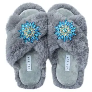YOMISMA Eco Faux Fur Slippers – Recycled Faux Fur + Turquoise Removable Brooches - Grey