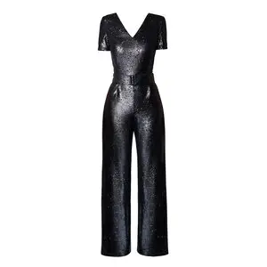 RUMOUR LONDON Naomi Sequin Jumpsuit With V-shaped Back And Belt - Black