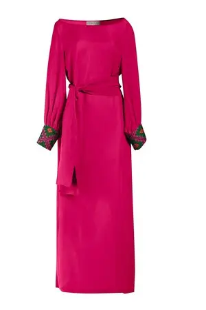 YOMISMA Viva Magenta Chiapas Embroidered Kaftan — Artisanal Handcrafted Resort Dress With Green, Magenta & Gold Embroidery - Pink