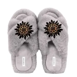 YOMISMA Faux Fur Slippers Global Recycled Standard Certified With Black Embellishts - Grey