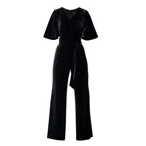 RUMOUR LONDON Layla Velvet Jumpsuit With Bell Sleeves & Sash - Black