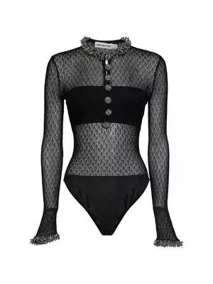 SELF-PORTRAIT Embellished Open-knit Bodysuit - Black