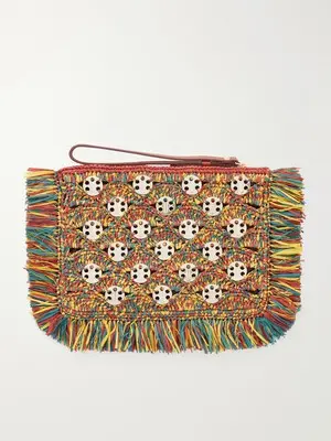 Rabanne Leather-trimmed Fringed Woven Raffia Clutch