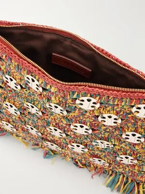 Rabanne Leather-trimmed Fringed Woven Raffia Clutch