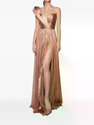 IMROSKA Thalia One-shoulder Pleated Maxi Dress - Brown