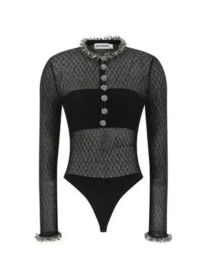 SELF-PORTRAIT Crystal-embellished Pointelle Bodysuit - Black