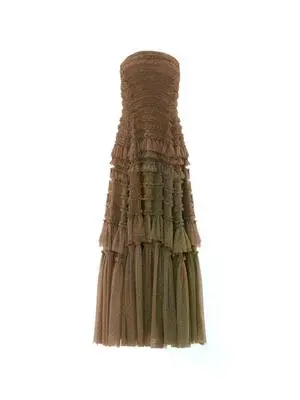 NEEDLE & THREAD Valentine Ruffle Strapless Maxi Dress - Brown
