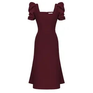 POST MERIDIEM Vinous Godet Silhouette Square Neck Midi Dress