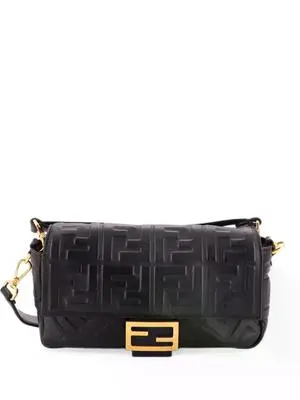 Fendi Baguette Nm Bag Zucca Embossed Leather Medium Crossbody Bag - Black