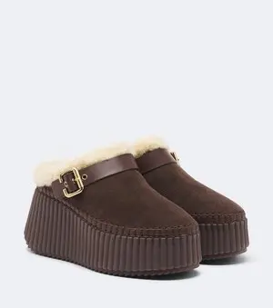Chloé Nama Shearling-lined Suede Platform Mules - Brown