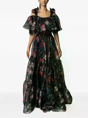 MIAU BY CLARA ROTESCU Floral-print Ruffled Maxi Dress - Black