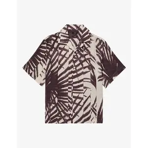 REISS Shindora Plissé Printed Cuban-collar Woven Shirt M Bordeaux