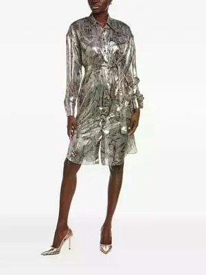 Brunello Cucinelli Botanical-print Belted Shirt Dress - Silver