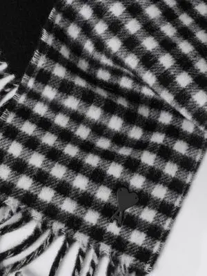 AMI Paris Check Merino Wool Scarf With Logo And Fringes - Black