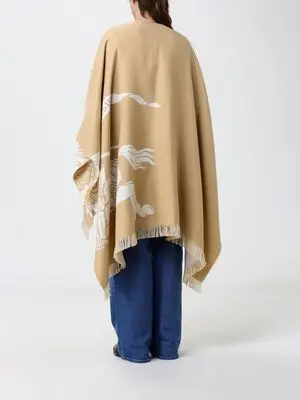 Burberry Asymmetric Wool And Silk Cape With Ekd Logo And Fringed Hem