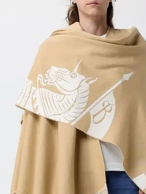 Burberry Asymmetric Wool And Silk Cape With Ekd Logo And Fringed Hem