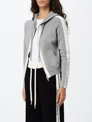 Elisabetta Franchi Wool Blend Knit Zip-up Hoodie With Logo Bands - Grey