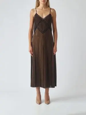 TWINSET Pleated Satin Midi Slip Dress With Lace Inserts