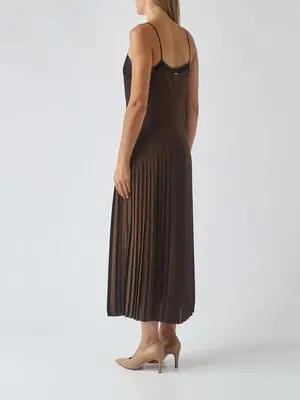 TWINSET Pleated Satin Midi Slip Dress With Lace Inserts