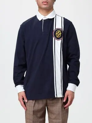 Drole De Monsieur Striped Long-sleeve Cotton Polo Shirt With Monogram - Blue