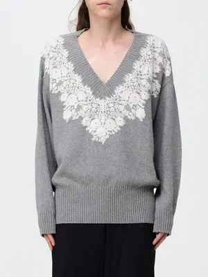 Alberta Ferretti V-neck Sweater With Lace Inserts In Cashmere And Camel - Beige
