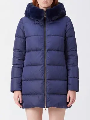Herno Knee-length Water-repellent Technical Satin Puffer Coat With Shearling Hood - Blue