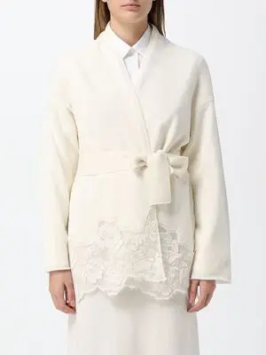 Fabiana Filippi Wool And Silk Robe Cardigan With Lace Inserts - Camel