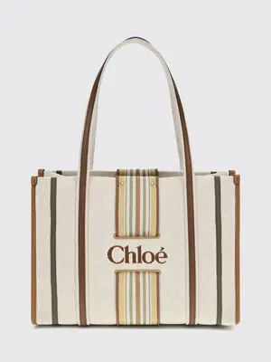 Chloé Woody Loop Tote Bag In Multi Striped Canvas With Embroidered Logo - Brown