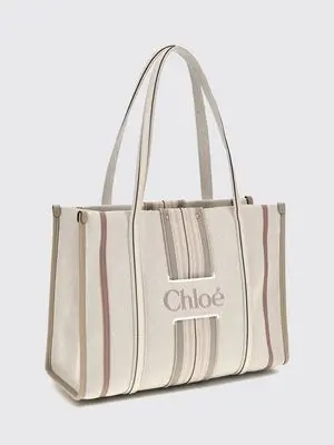 Chloé Woody Loop Tote Bag In Multi Striped Canvas With Embroidered Logo - Pink