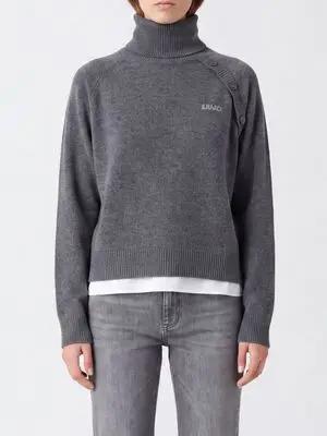 Liu Jo Wool And Cotton Turtleneck With Shoulder Buttons And Contrast Logo - Grey