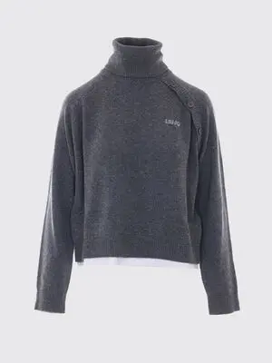Liu Jo Wool And Cotton Turtleneck With Shoulder Buttons And Contrast Logo - Grey