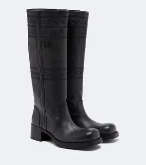 Miu Miu Embroidered Leather Knee-high Boots - Black