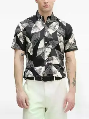 Lindbergh Leaf-print Short-sleeve Shirt - Black
