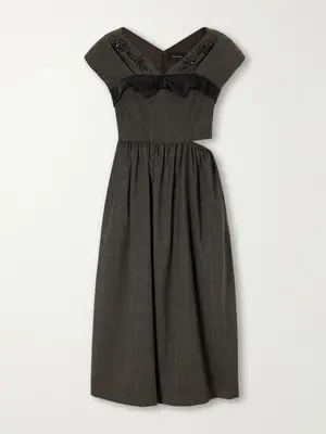 Simone Rocha Embellished Gathered Prince Of Wales Checked Wool-blend Midi Dress - Gray