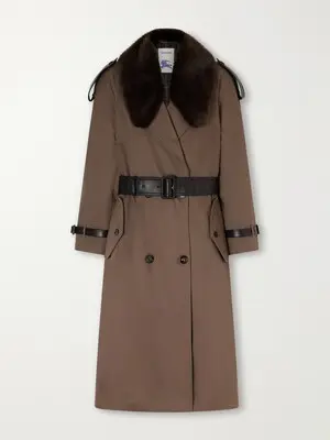 Burberry Leather And Plush-trimmed Cotton-gabardine Trench Coat - Brown