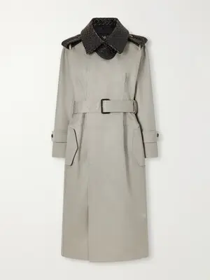 Bottega Veneta Belted Intrecciato Leather-trimmed Cotton-gabardine Coat - Gray