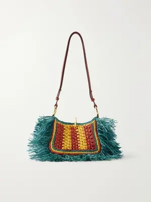 Rabanne Leather-trimmed Fringed Raffia Shoulder Bag - Blue