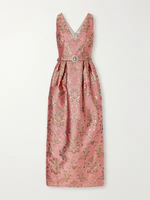 Borgo De Nor Jules Belted Crystal-embellished Floral-jacquard Midi Dress - Pink