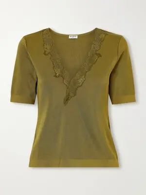 Balmain Lace-trimmed Knitted T-shirt - Green