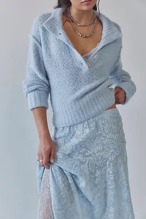 Free People Tucked Henley Pullover At Free People In Blue Snowflake Combo Blue Snowflake Combo