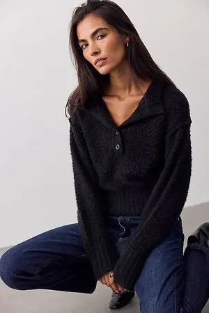 Free People Tucked Henley Pullover At - Washed Black Combo