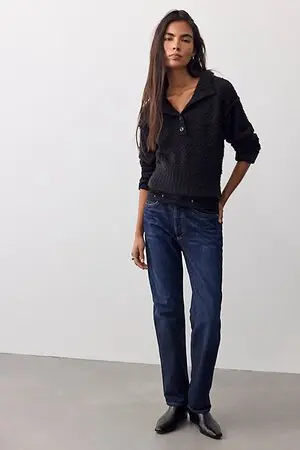 Free People Tucked Henley Pullover At - Washed Black Combo