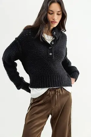 Free People Tucked Henley Pullover At - Washed Black Combo
