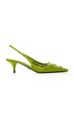 Prada Embellished Satin Slingback Pumps - Green