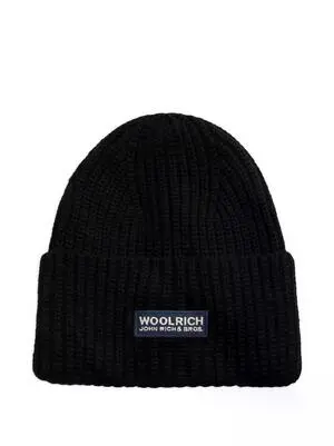 Woolrich Logo-patch Ribbed-knit Beanie Hat - Black