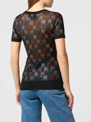 Philipp Plein Slim Fit Sheer Viscose Crewneck Top With Rhinestones
